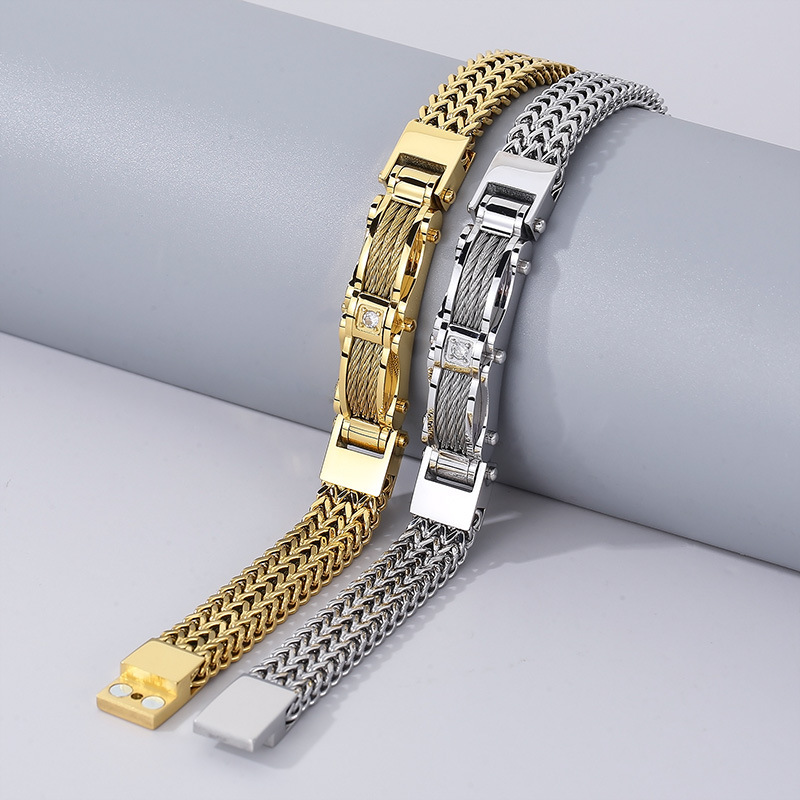 Fedsolife Men Trendy Bracelet, Gold-Plated Titanium Steel Diamond ...